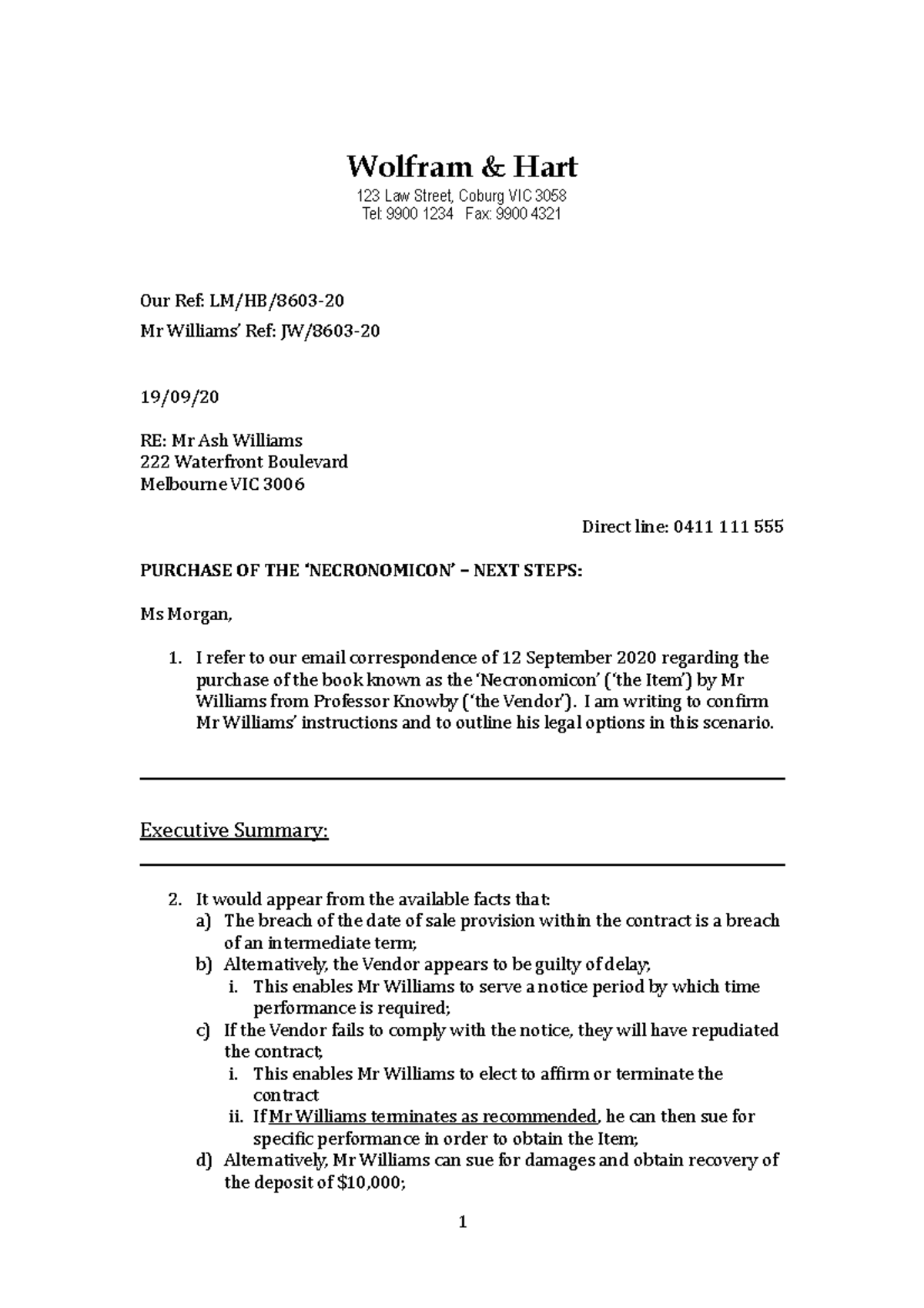 Advanced Contract Law Assessment 2 – Memorandum of Advice - Studocu