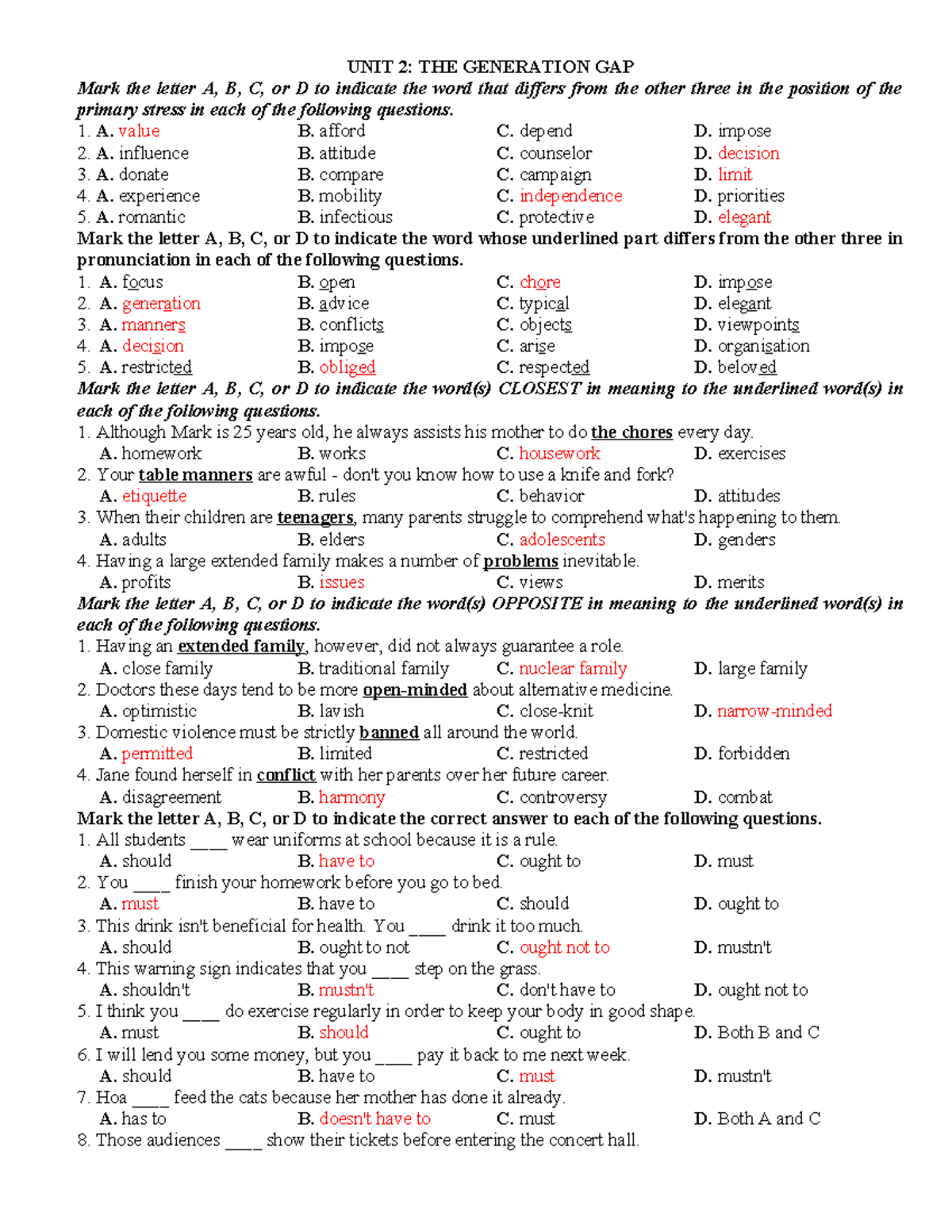 UNIT 2: THE GENERATION GAP - Stress, Pronunciation & Meaning Exercises ...