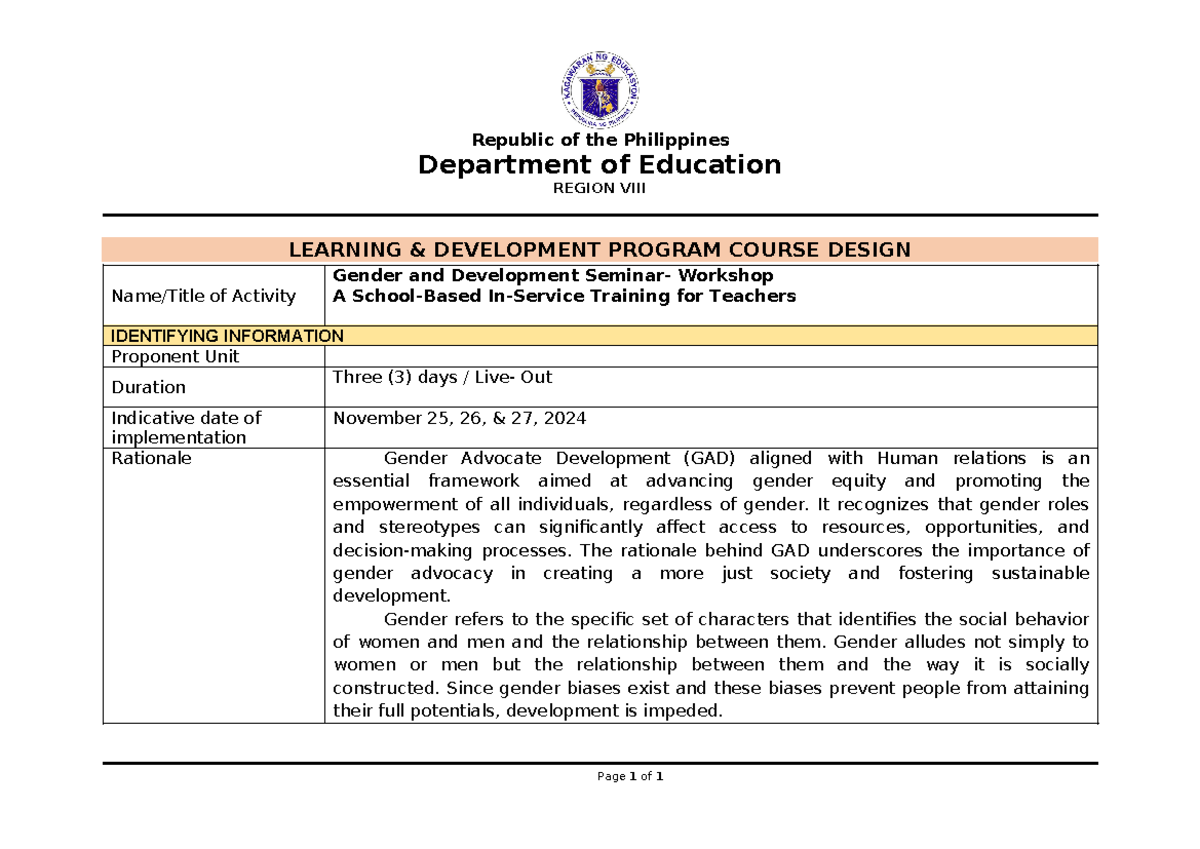 Training Design for Gender and Development Seminar Workshop (GAD) - Studocu