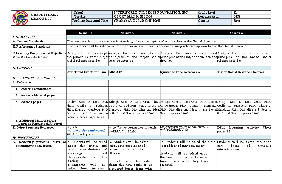 DISS DLL WEEK 5 - Grade 11 Social Science Theories Lesson Plan - Studocu