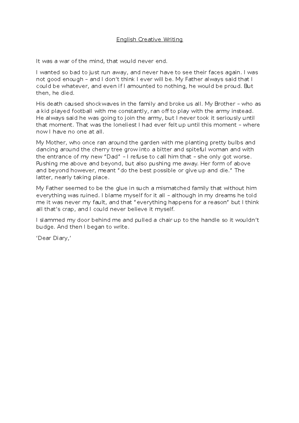ENG 101: Creative Writing Reflection on Family and Loss - Studocu