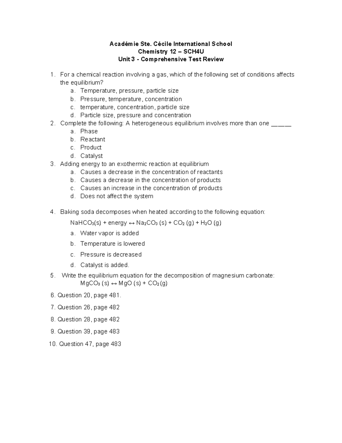 Chemistry 12 - SCH4U Unit 3 Test Review & Key Concepts - Studocu