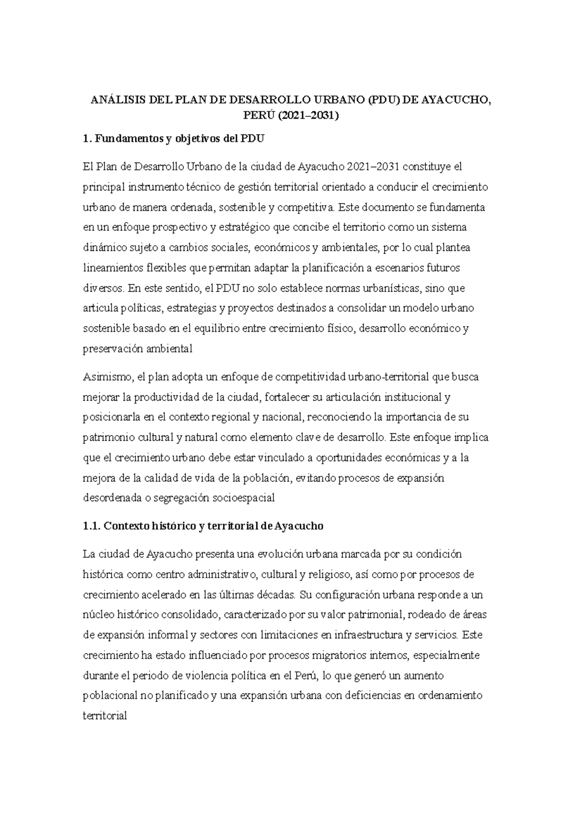 Análisis del Plan de Desarrollo Urbano (PDU) de Ayacucho, Perú - Studocu