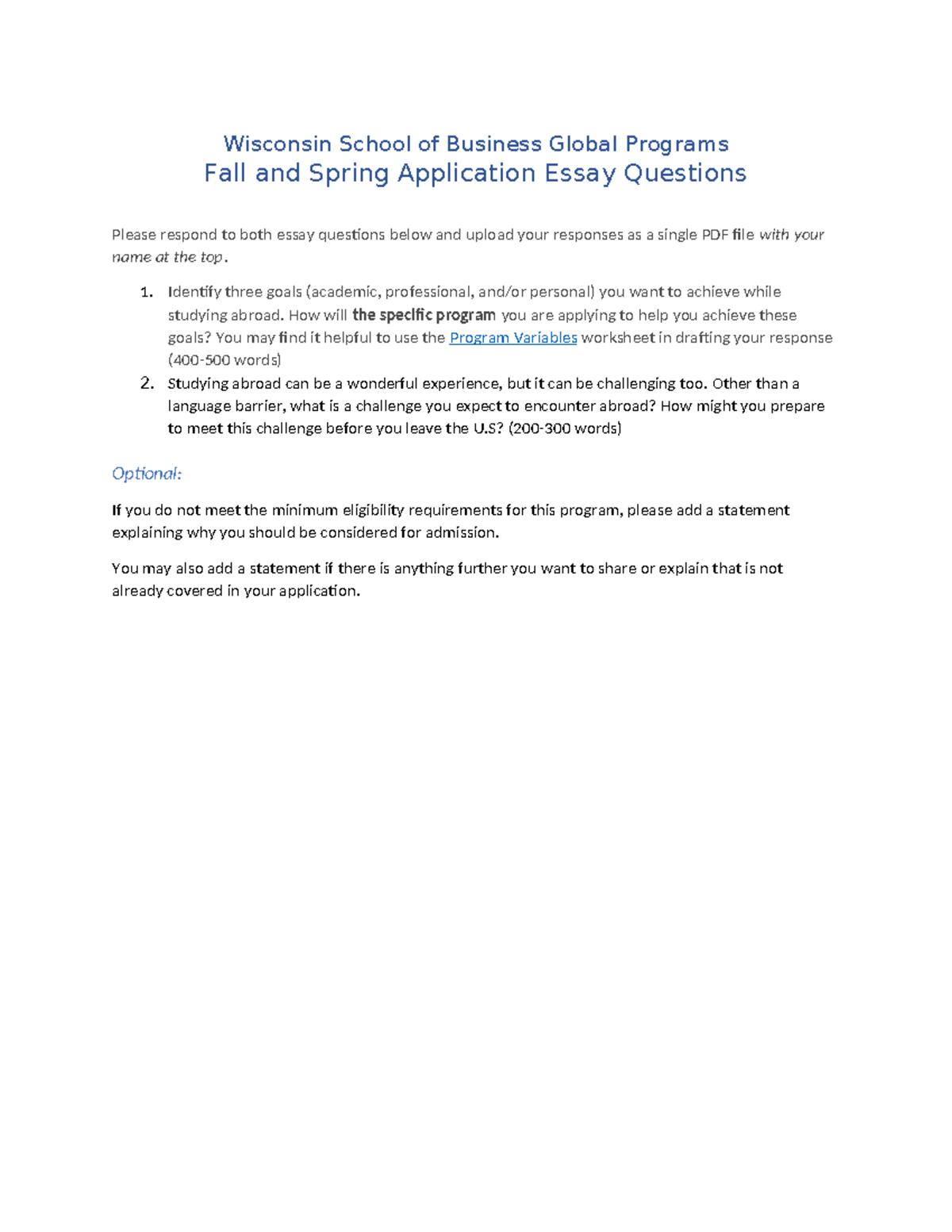 Semester Essay Prompts - Wisconsin School of Business Global Programs ...