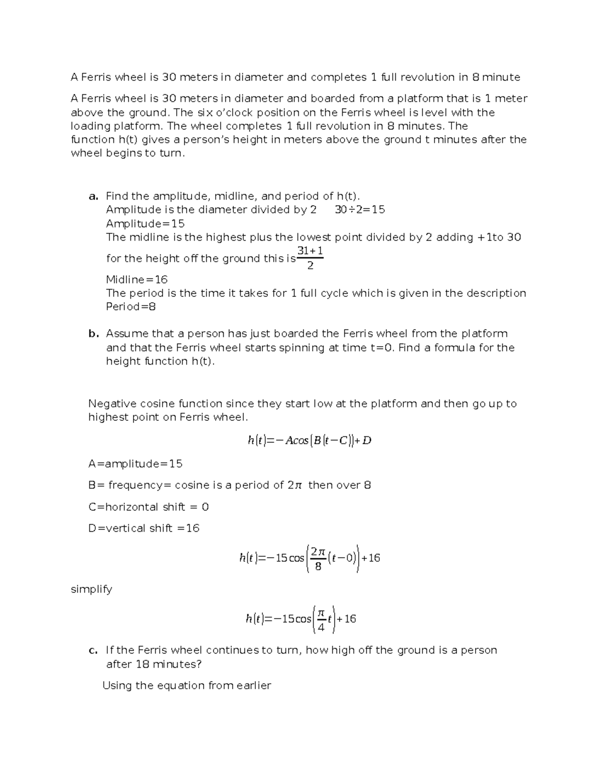 Math 101: Analysis of Ferris Wheel Height Function h(t) - Studocu