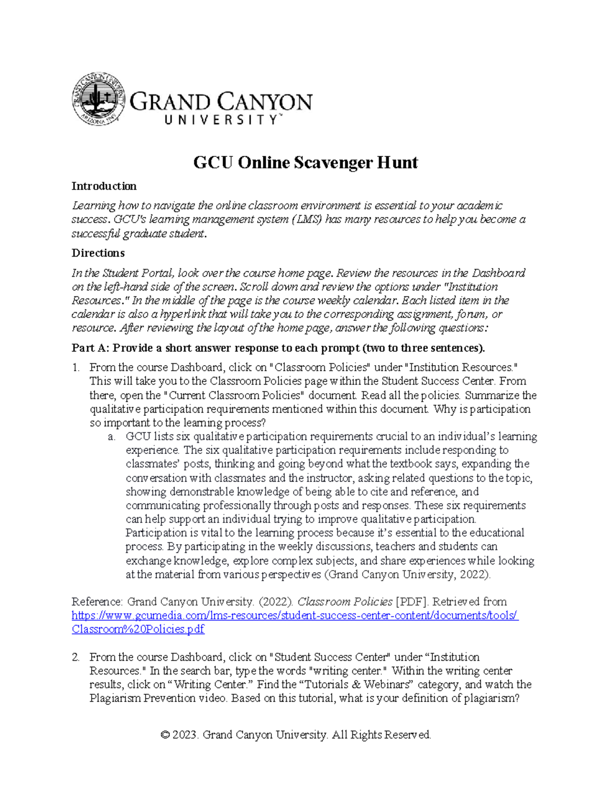 EDU 525 RS T1 Online Scavenger Hunt: Navigating GCU's LMS Resources ...