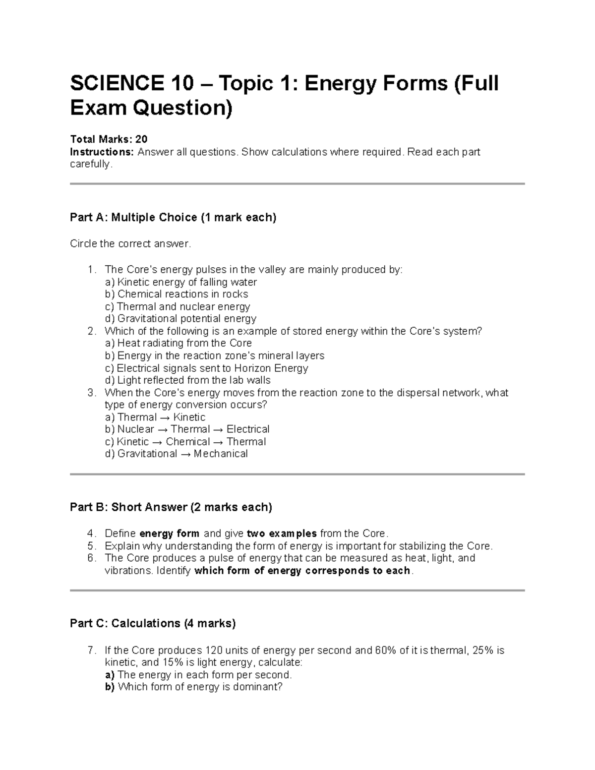 SCIENCE 10 Final Exam: Energy Forms & Calculations (20 Marks) - Studocu