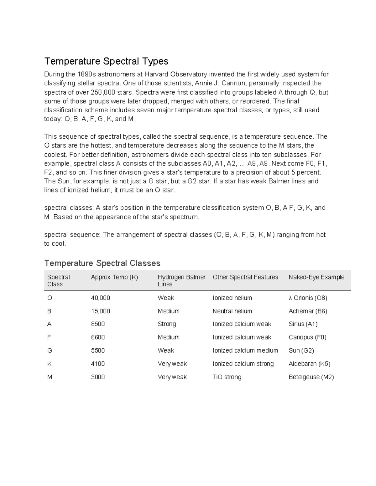 Temperature Spectral Types: Stellar Classification and Characteristics ...