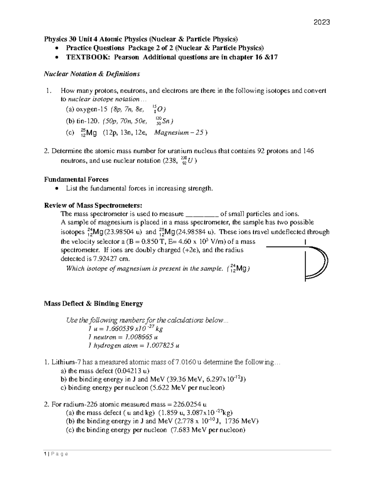 2023 Physics 30 Unit 4 Atomic & Nuclear Physics Practice Questions ...