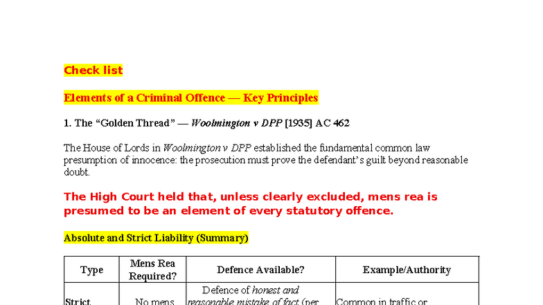 Crim Law Checklist: Key Principles of Criminal Offence Elements - Studocu
