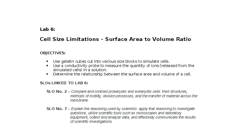 Lab 6: Exploring Cell Size Limitations & Surface Area to Volume Ratio ...