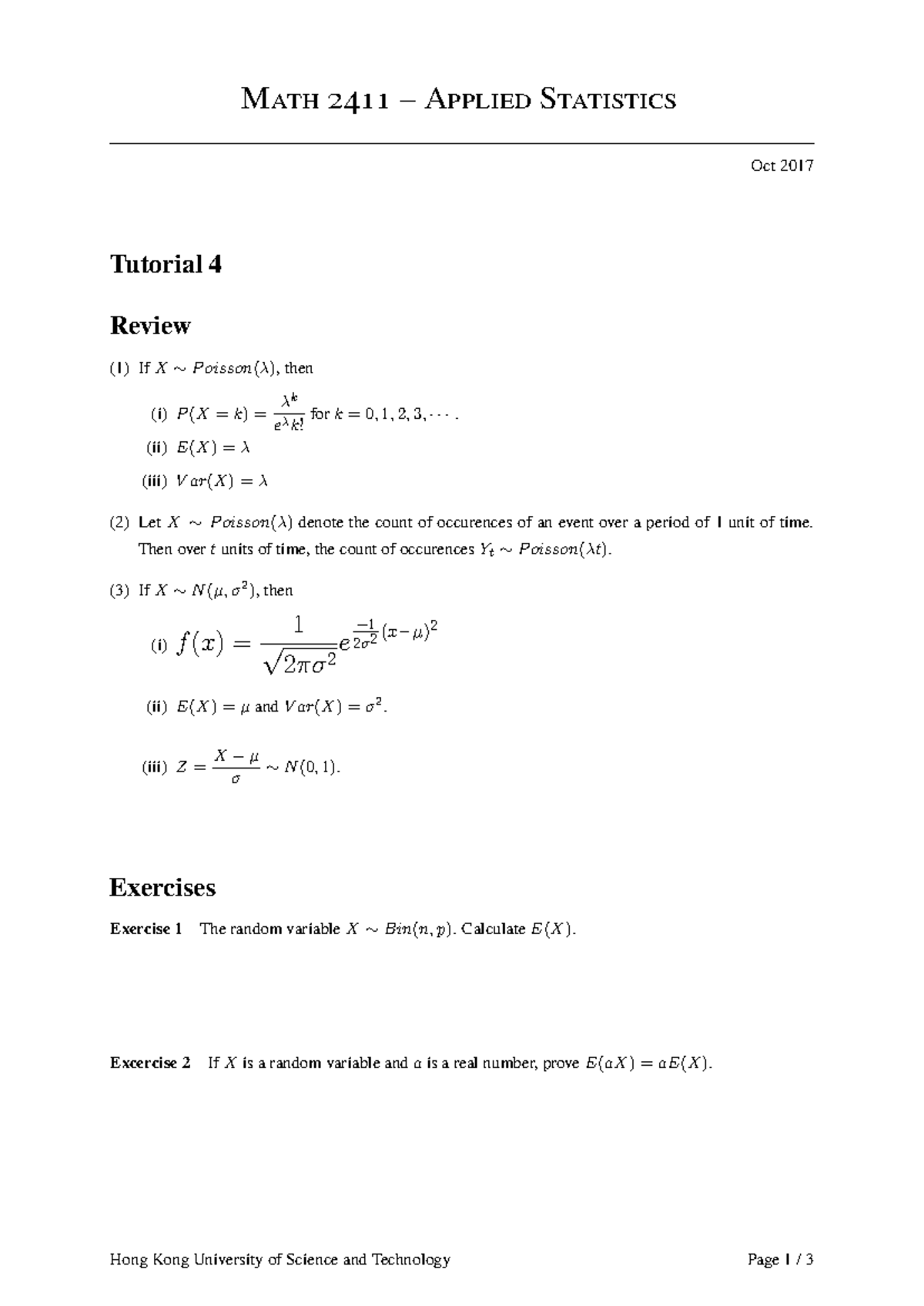 MATH2411 Applied Stats Tutorial 4 Review & Exercises Notes - Studocu