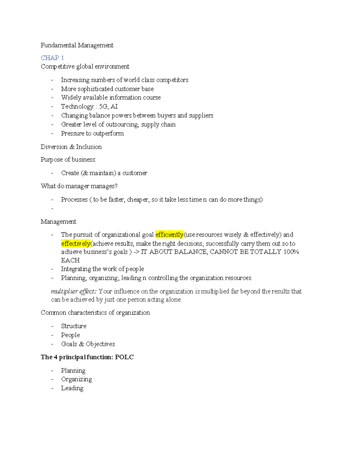 Fundamental Management CHAP 1-5: Key Concepts & Theories Overview - Studocu