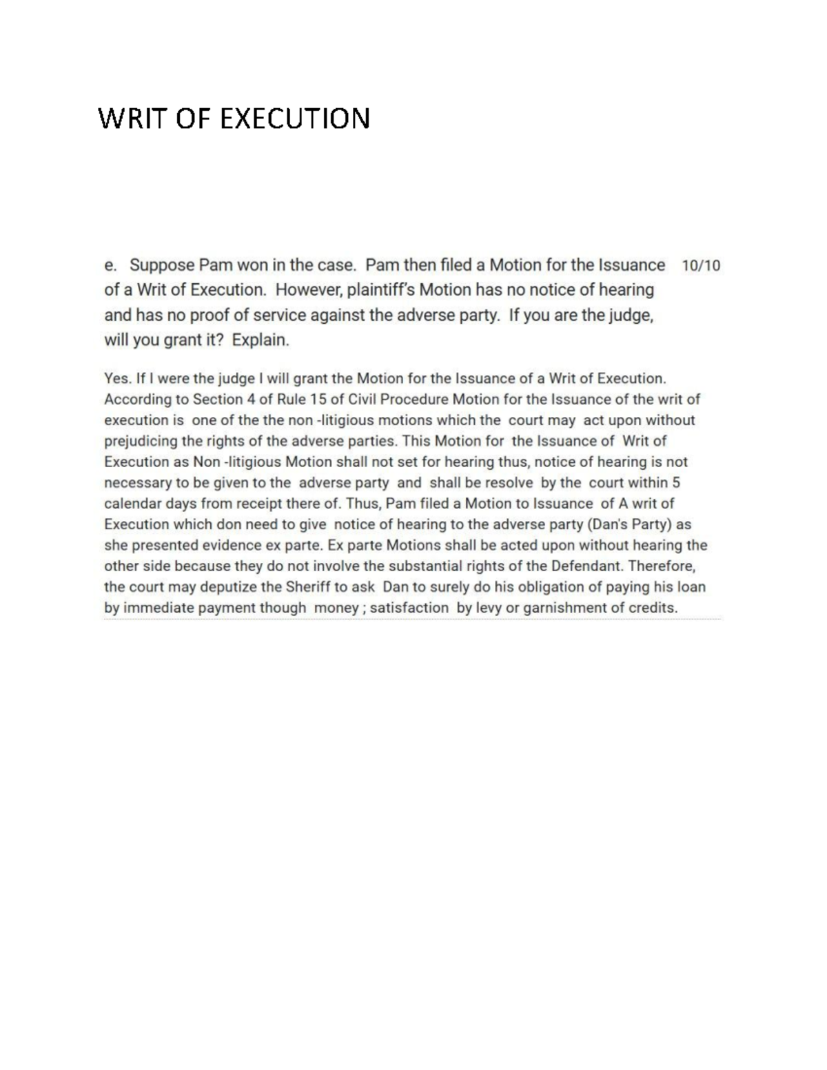 WRIT OF EXECUTION: Motion Analysis and Judicial Considerations - Studocu