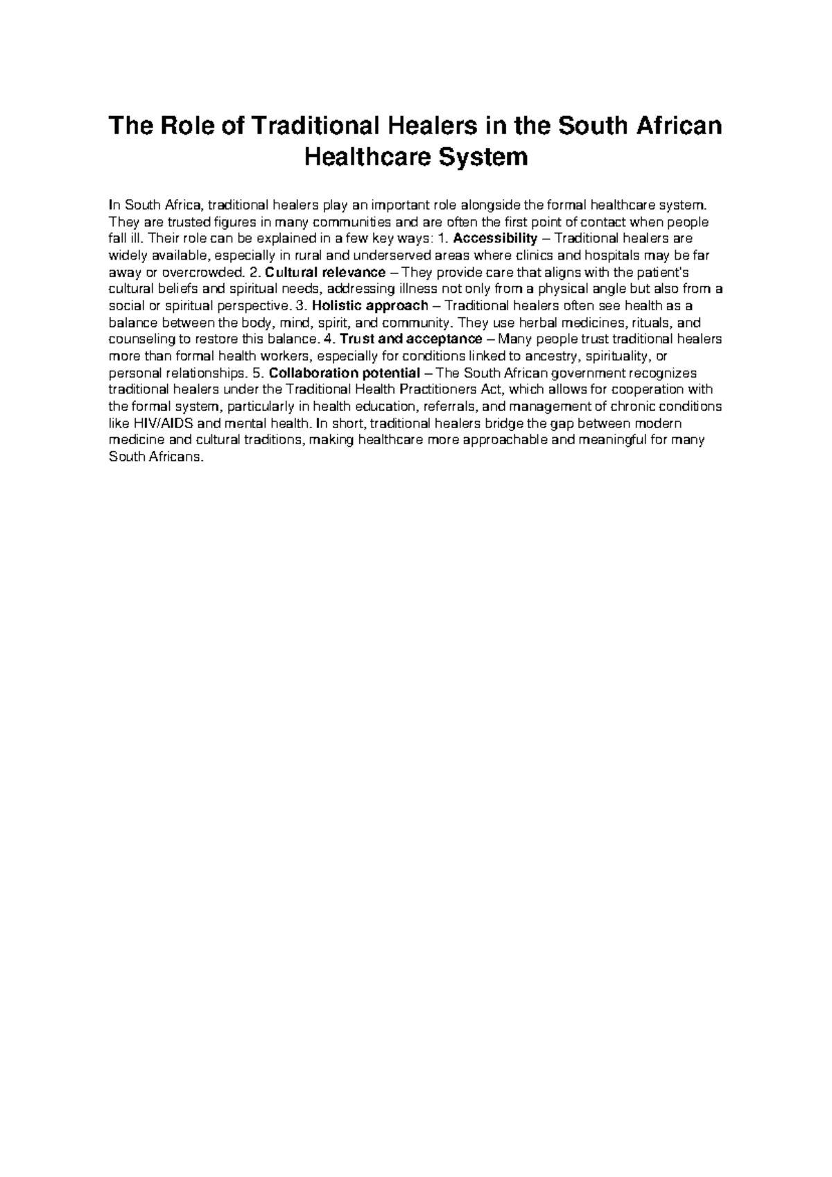 The Role of Traditional Healers in SA Healthcare System - Studocu