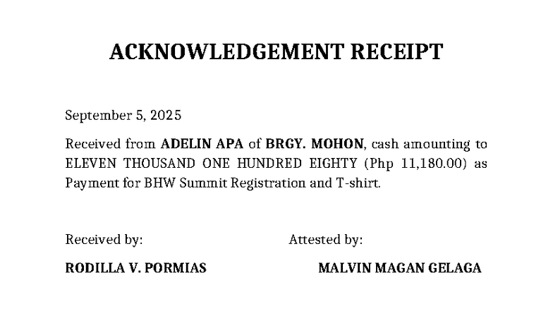 Acknowledgement Receipts for BHW Summit & PCL Assembly Payments - Studocu