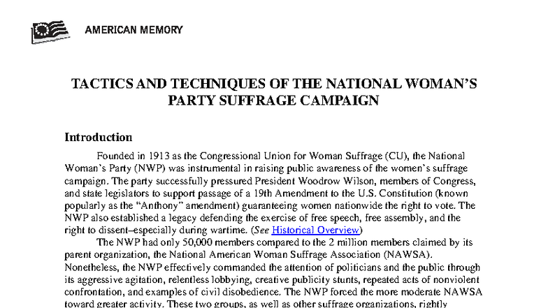 NWP Tactics & Techniques in the Women's Suffrage Campaign - Studocu