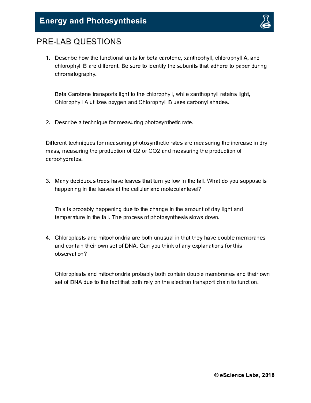 Photosynthesis Lab - © eScience Labs, 2018 Energy and Photosynthesis ...