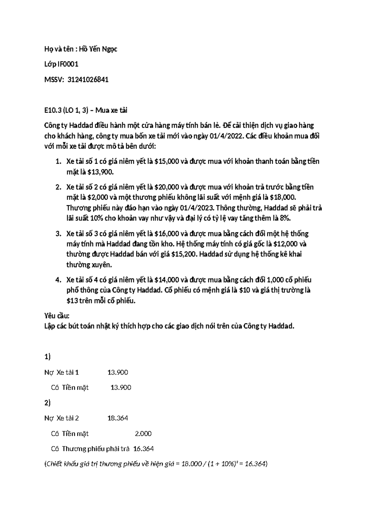 Bài Tập Chương 1 - BT 12345678: Ghi Nhớ Giao Dịch Mua Xe Tải và Tính ...