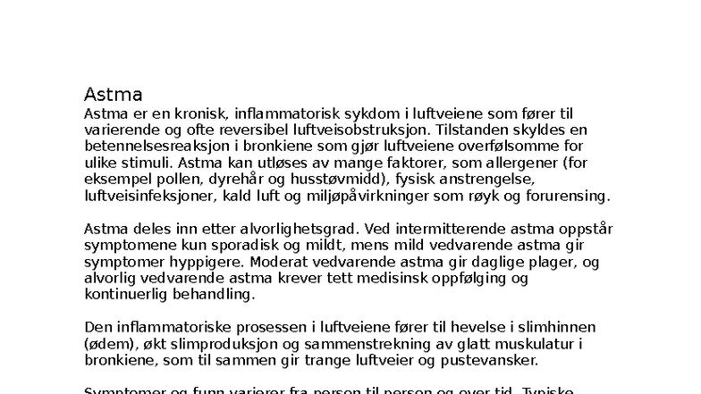 Lungefysiologi og Behandling av Astma og KOLS - Øvingsmateriale - Studocu