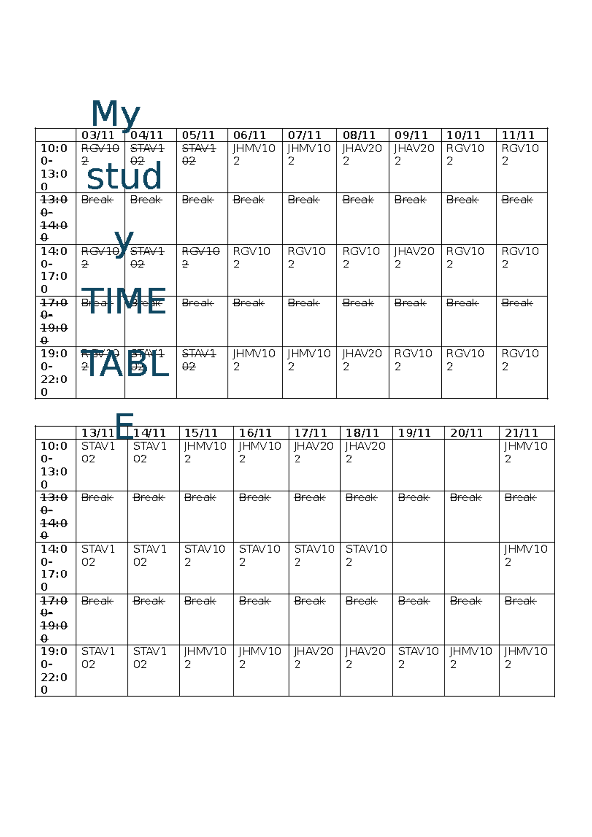 Study Timetable for First Year Students - Course Codes Included - Studocu