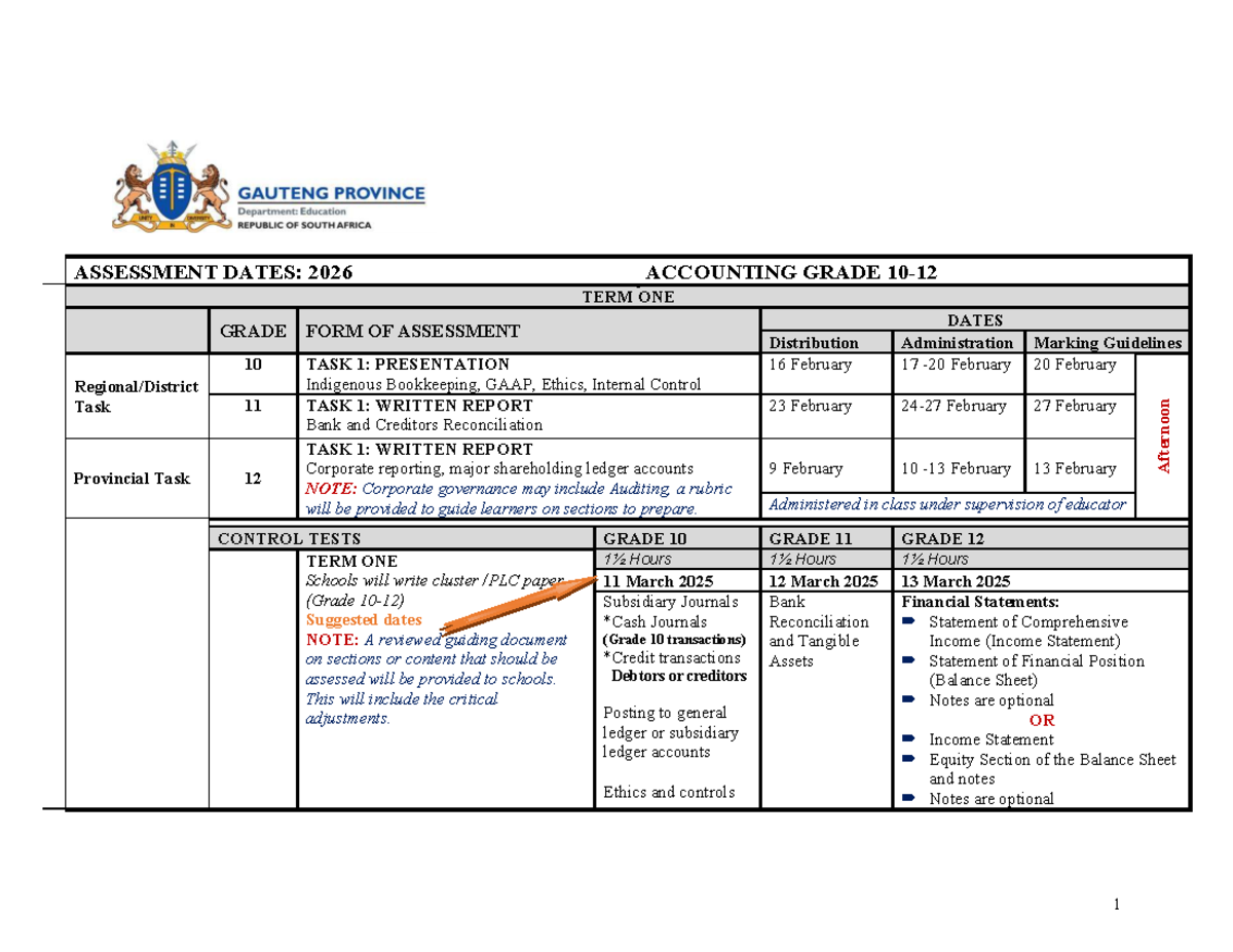 2026 Accounting Assessment Dates: Grade 10-12 Overview - Studocu
