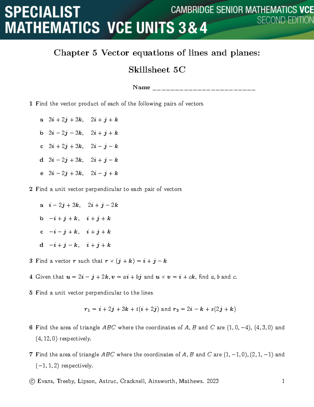 Lines and Planes - Skillsheet-5C - Chapter 5 Vector equations of lines ...