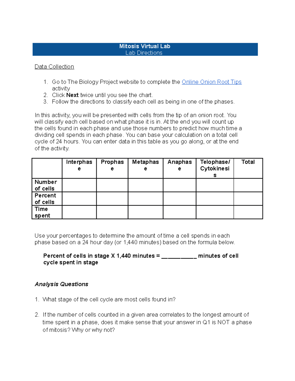 Mitosis Virtual Lab - Follow the directions to classify each cell as ...
