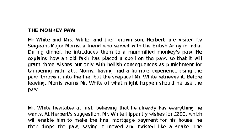 THE MONKEY PAW - Essay Analysis and Themes - Studocu