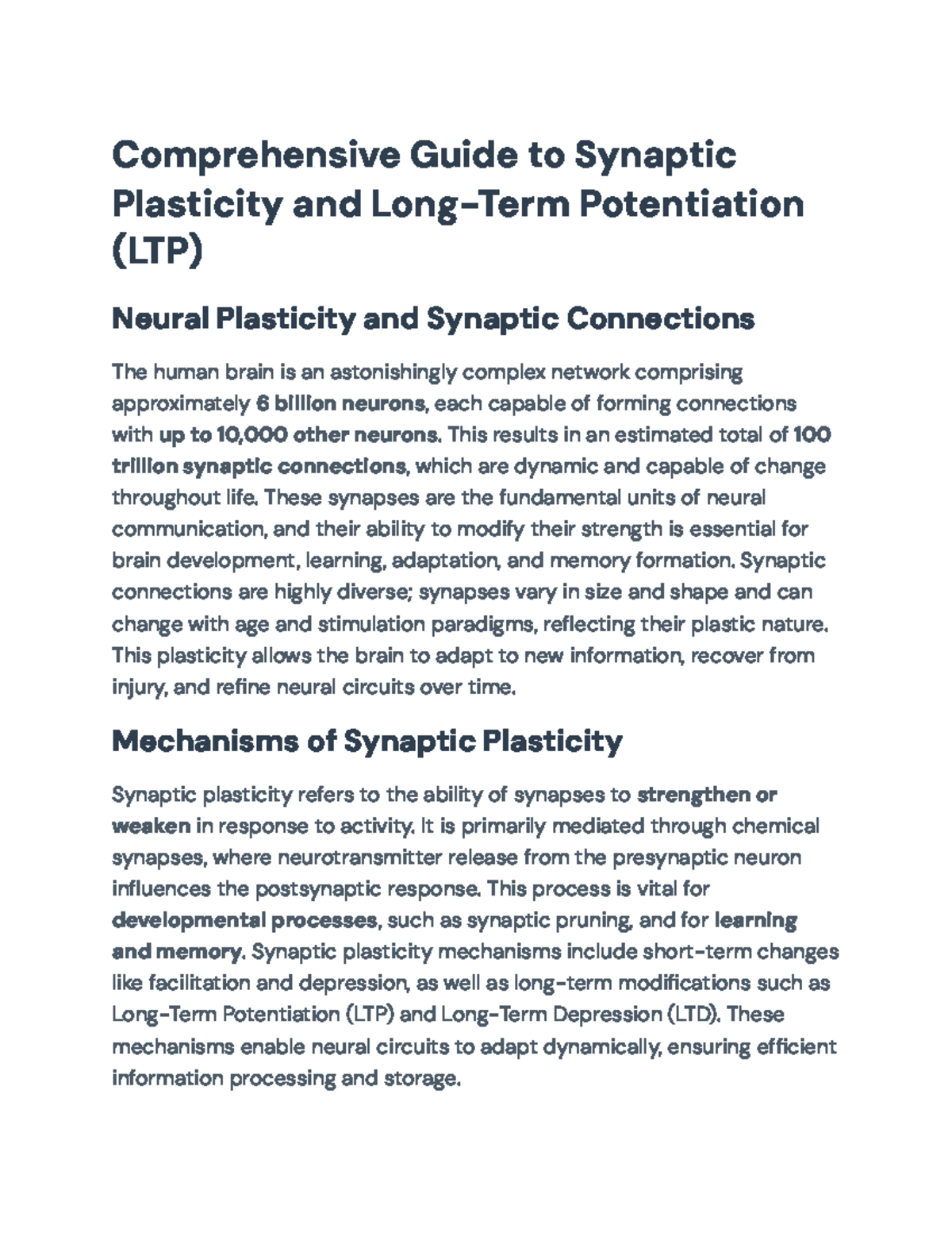 Comprehensive Overview of Synaptic Plasticity & LTP Mechanisms - Studocu