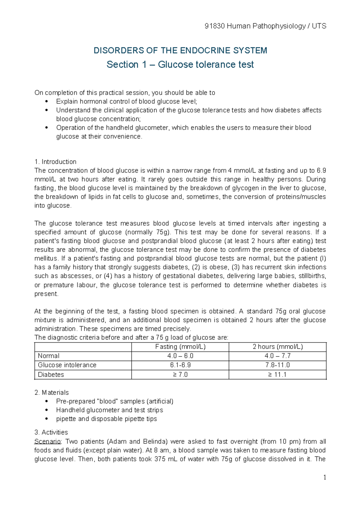 91830 Human Pathophysiology UTS Endocrine System Disorders: Glucose ...