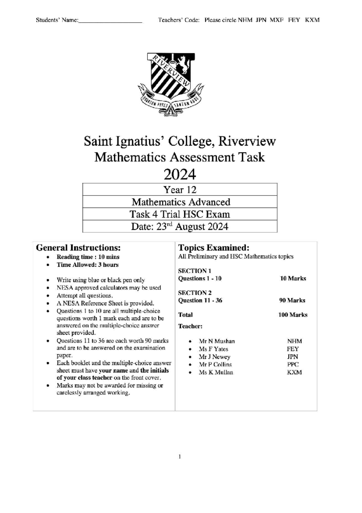 Riverview 2024 Year 12 Mathematics Advanced Trial HSC Exam Solutions ...