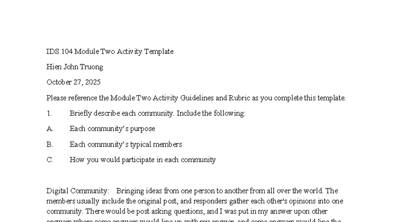 IDS 104 Module Two Activity: Community Engagement Analysis - Studocu