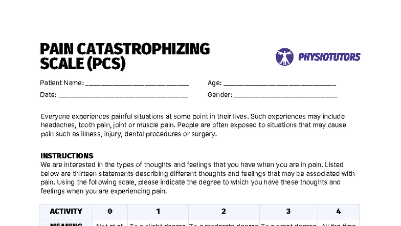 PAIN CATASTROPHIZING SCALE (PCS) Assessment Tool - Studocu