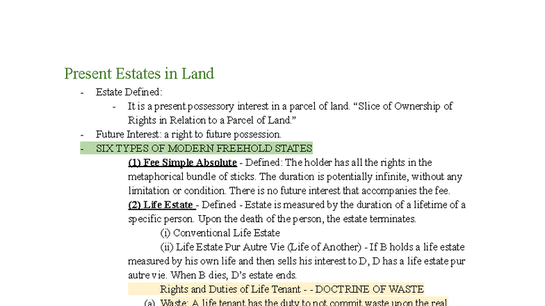 1L Property Midterm Outline: Present Estates & Freehold Estates - Studocu