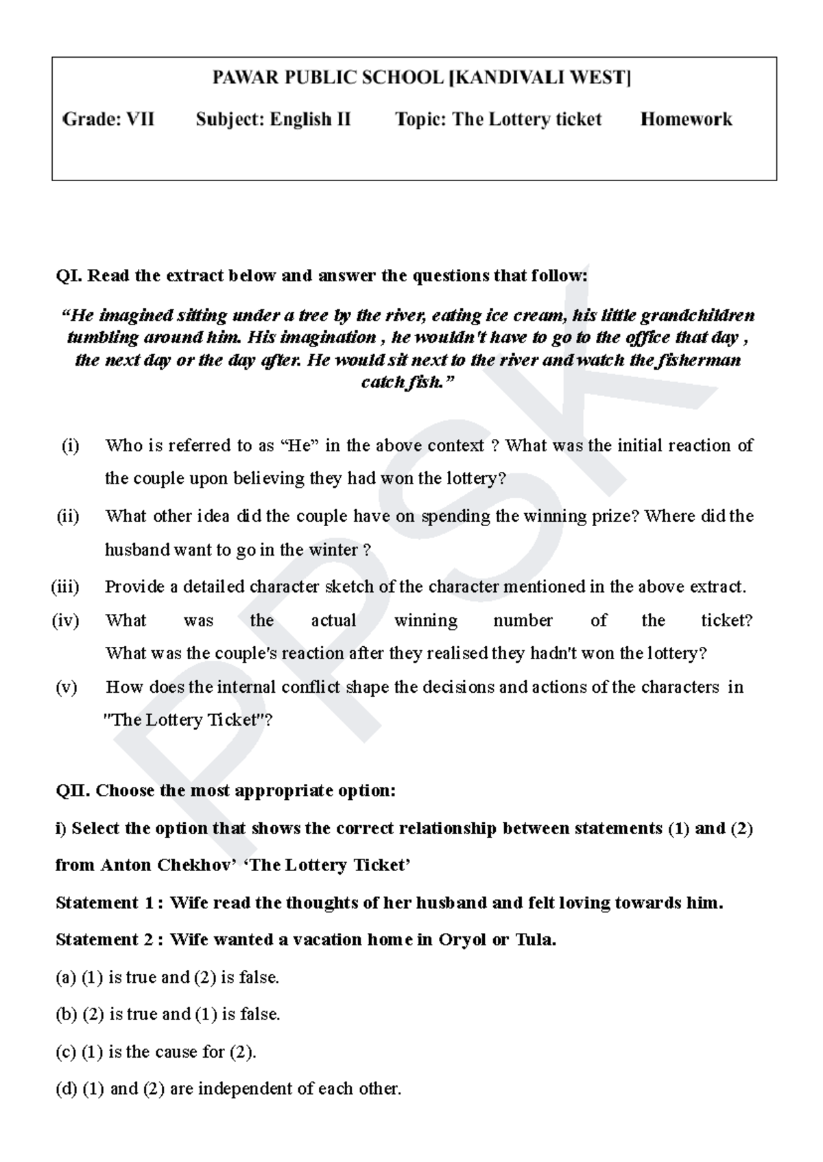 Gr7 The Lottery Ticket Character Analysis & Quiz Questions CW QP - Studocu