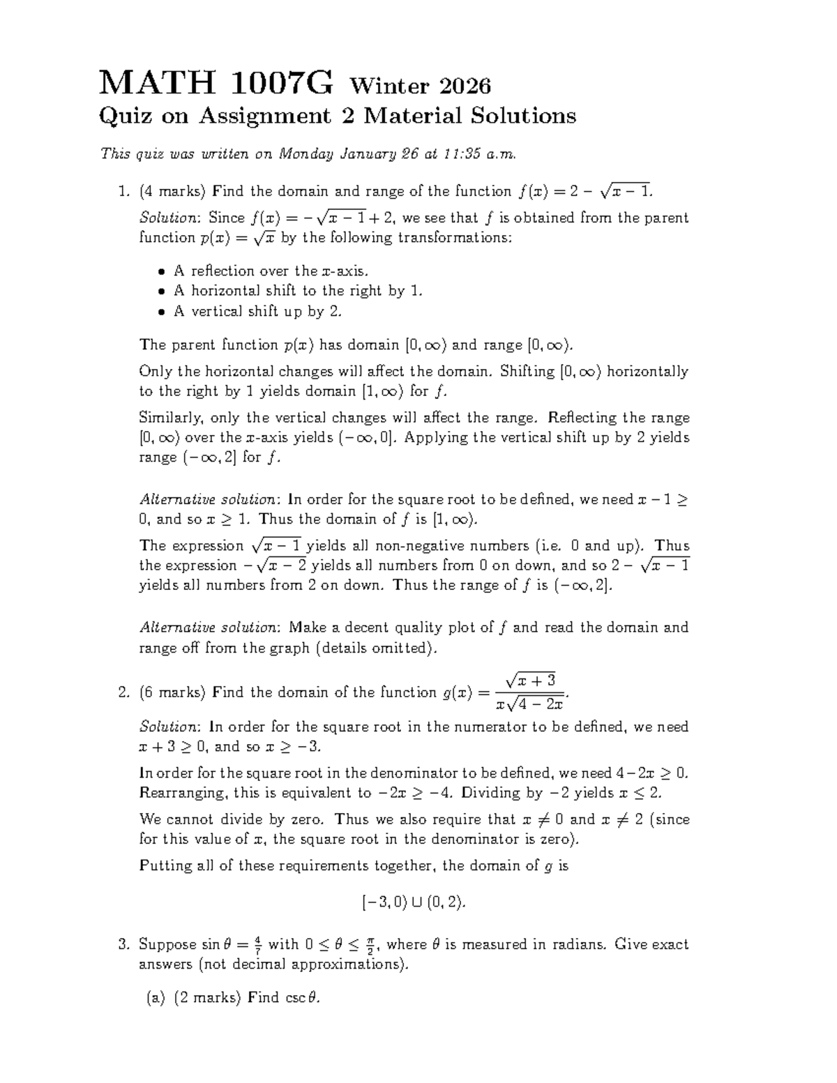 MATH 1007 Winter 2026 Quiz 2 Solutions on Functions and Trigonometry ...