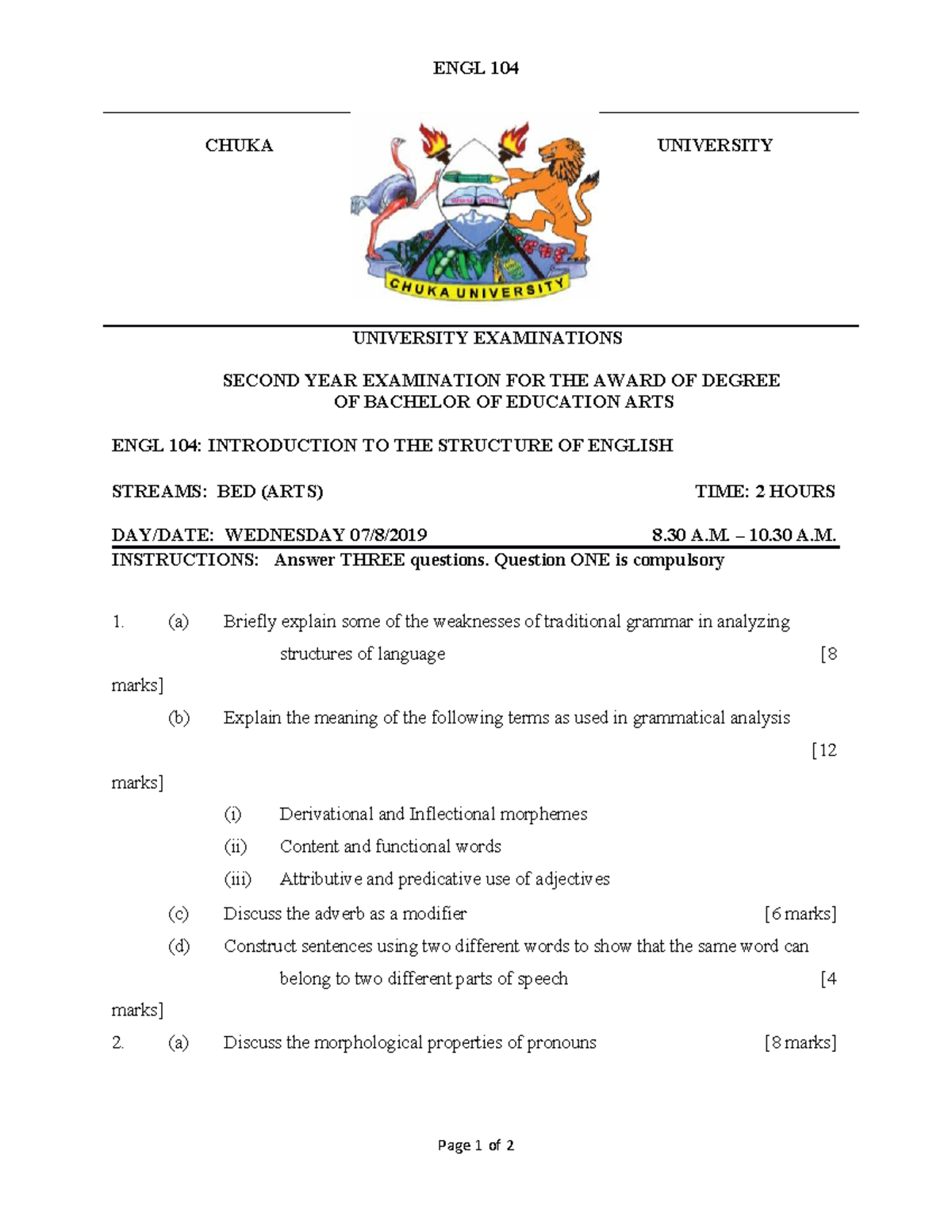 ENGL 104: Introduction to English Grammar - Exam Paper - Studocu