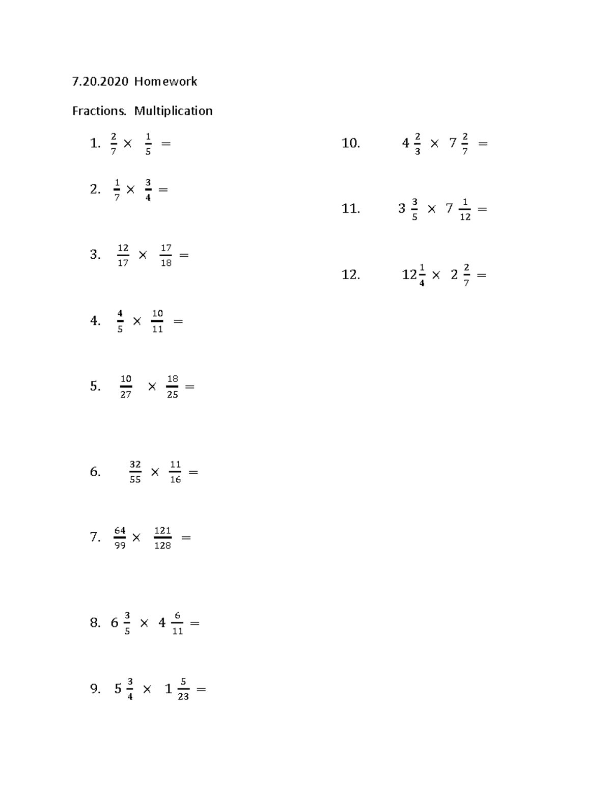 Homework: Fractions Multiplication and Division - Studocu