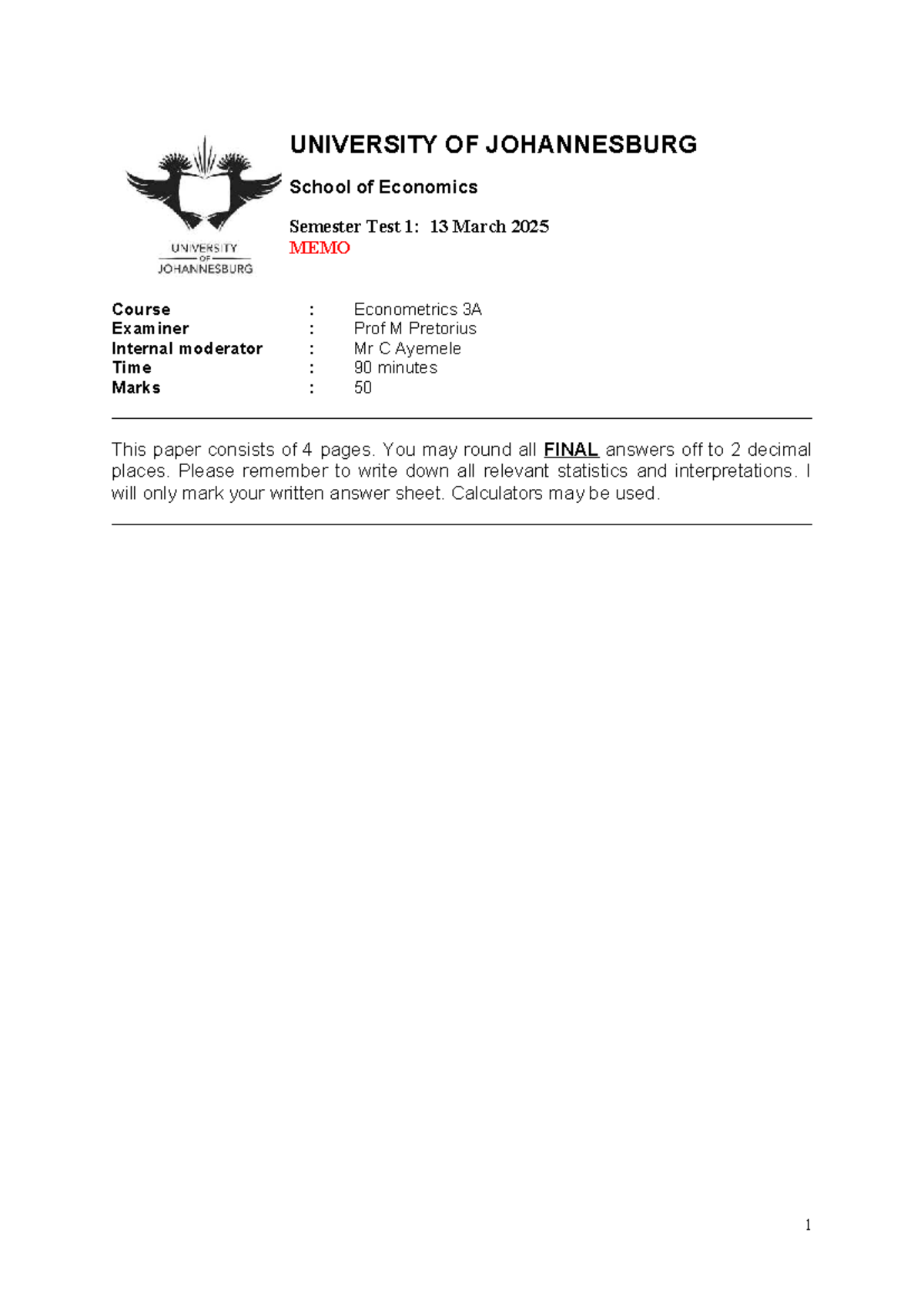 Econometrics 3A: Semester Test 1 Memo - 13 March 2025 - Studocu