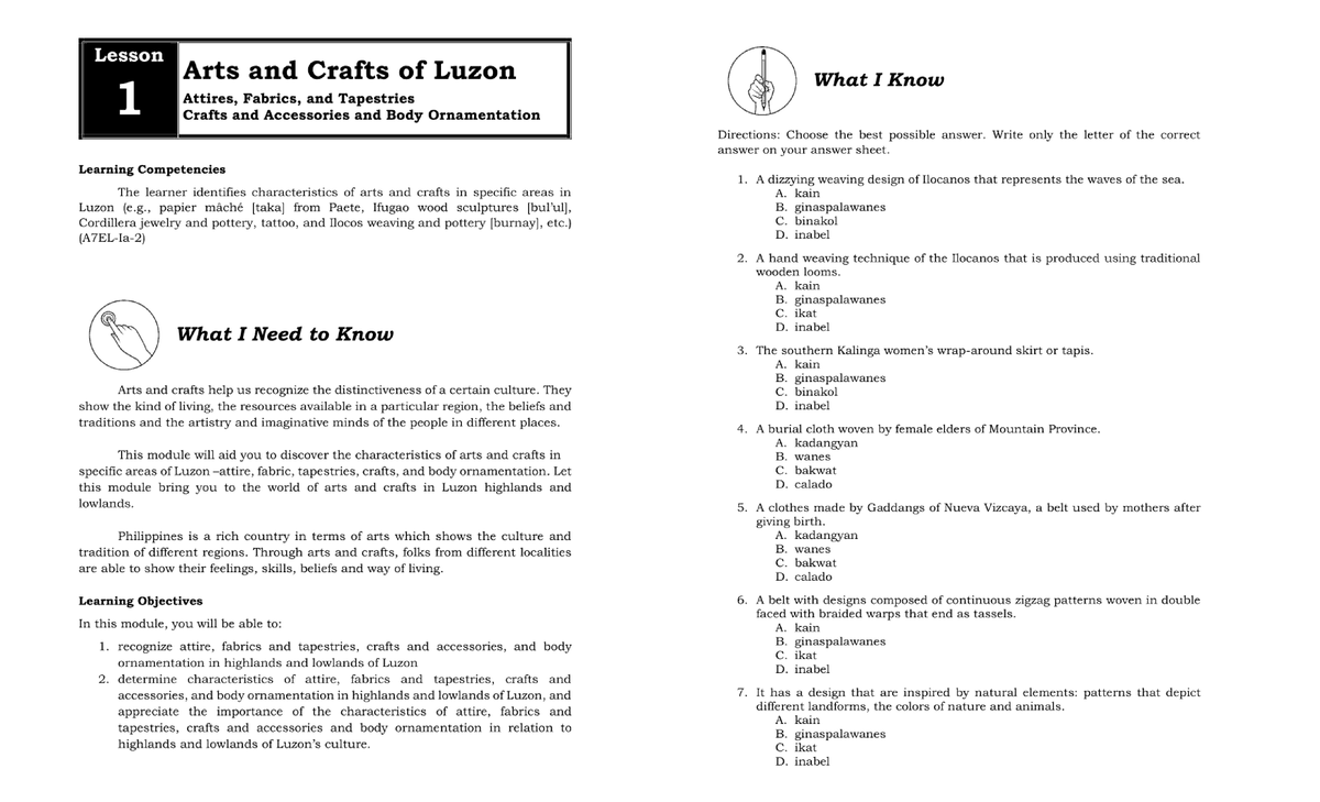 ARTS 7-Q2-M1 - LESSON PLAN: Understanding Luzon Arts and Crafts - Studocu