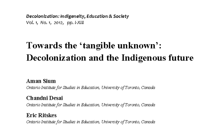 Decolonization and Indigenous Futures: Insights from Vol. 1, 2012 - Studocu