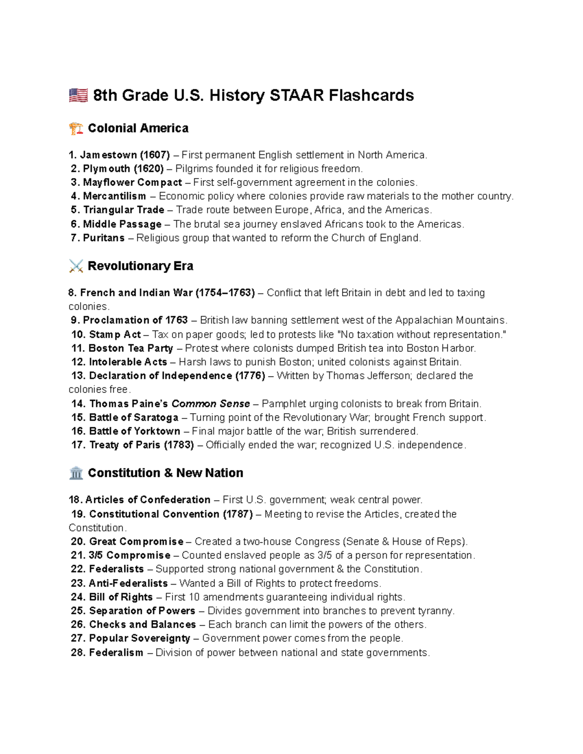 8th Grade U.S. History STAAR Flashcards: Key Terms and Concepts - 󰑔 8th ...