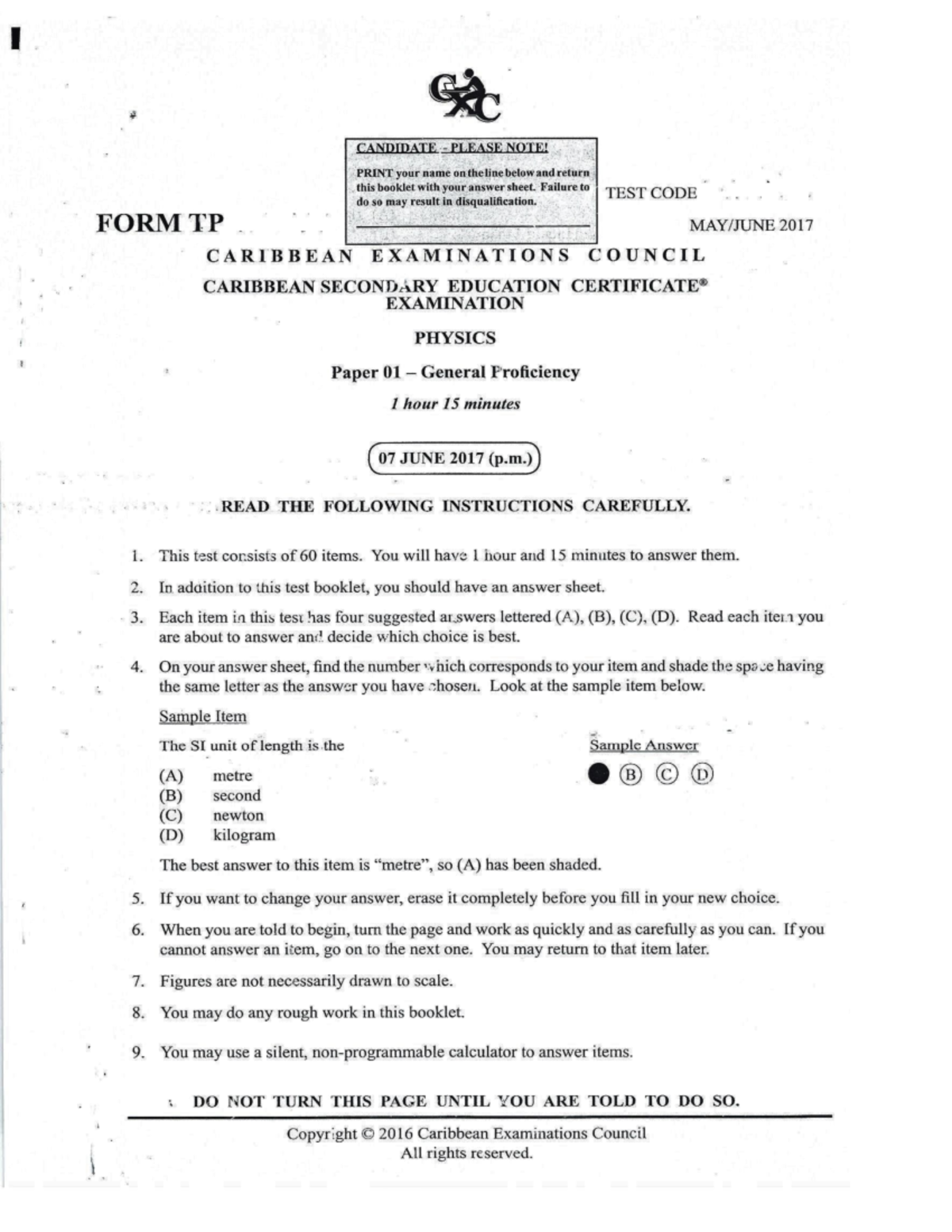 CSEC Physics Paper 01 General Proficiency Exam 2017 Instructions and ...