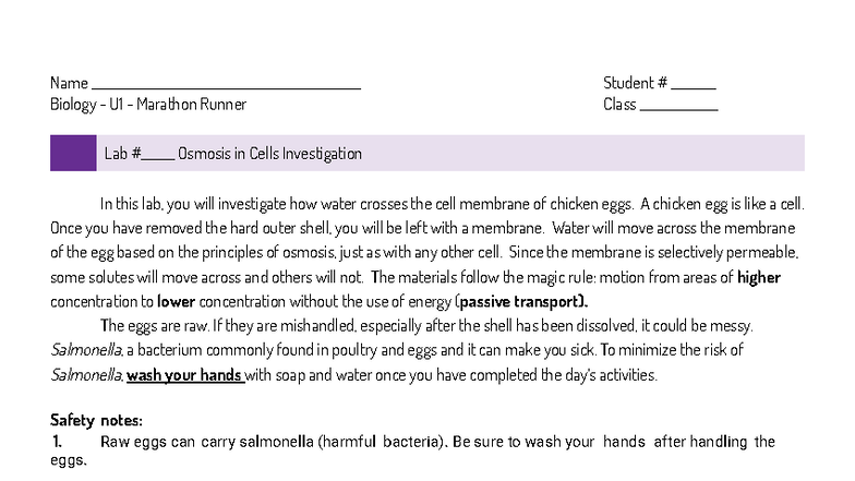 Biology U1 Lab: Osmosis Investigation with Chicken Eggs - Studocu