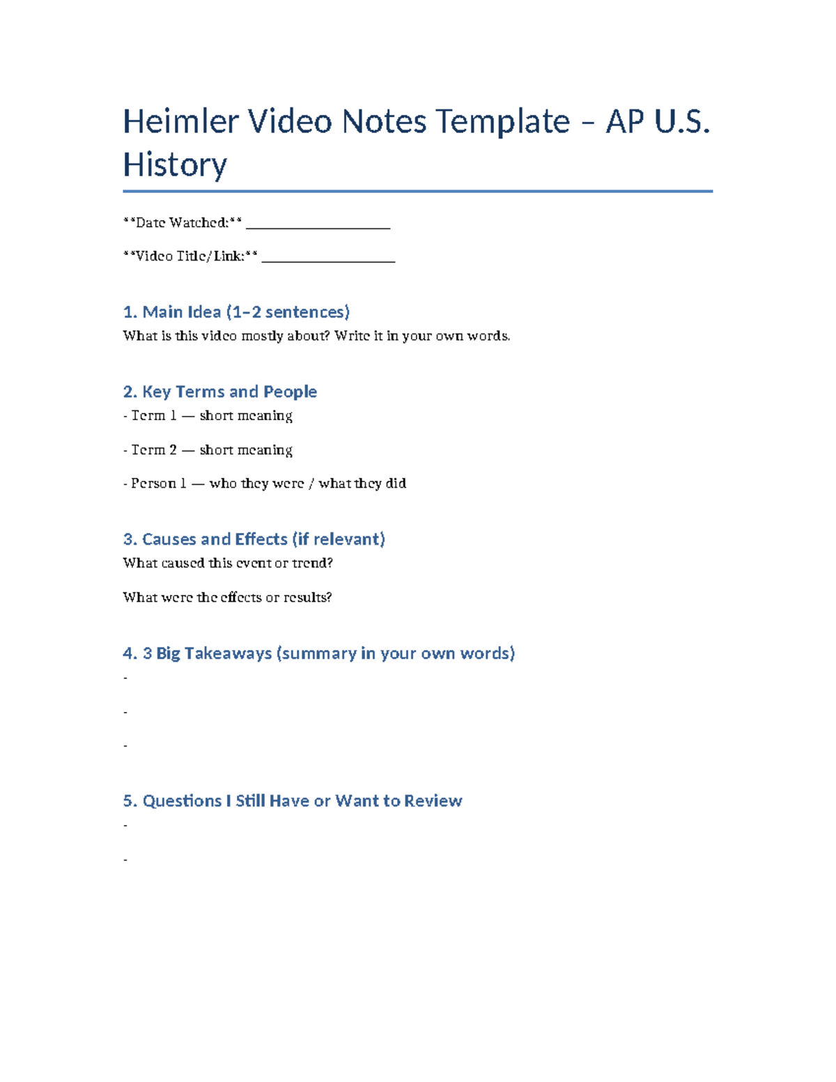 Heimler Review Notes Template Apush - Heimler Video Notes Template – AP ...