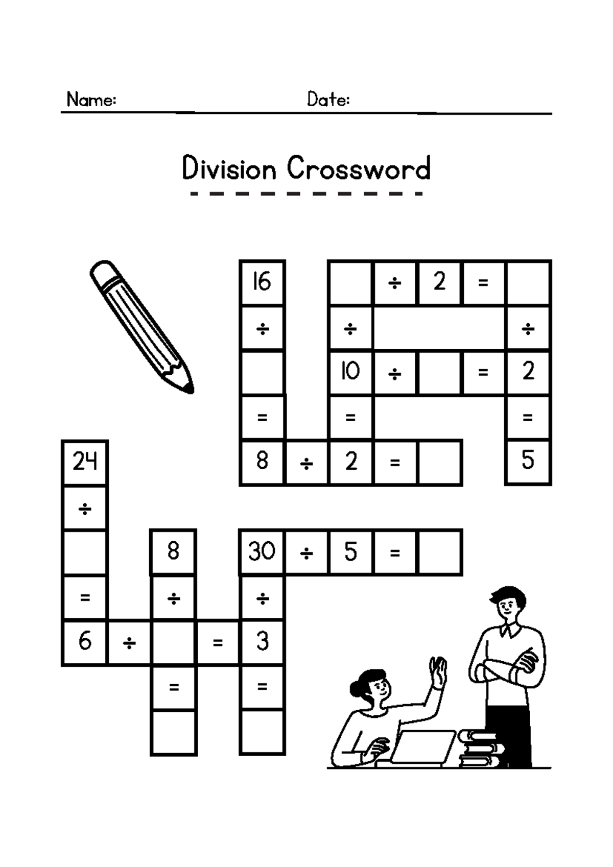 Black and White Division Crossword Puzzle Worksheet - Bachelor of ...