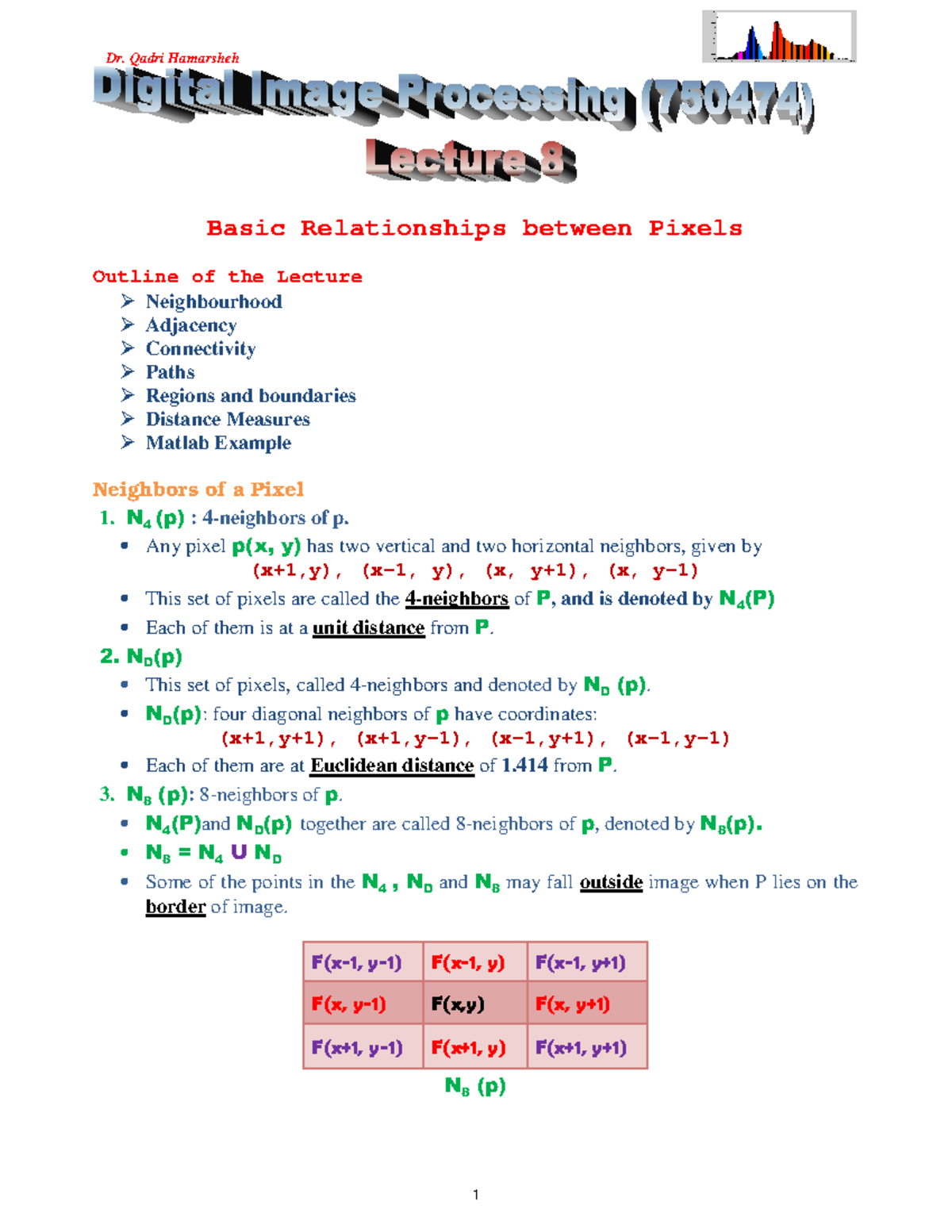 Lecture 8 Basic Relationships between Pixels - 1 Basic Relationships between Pixels Outline of ...