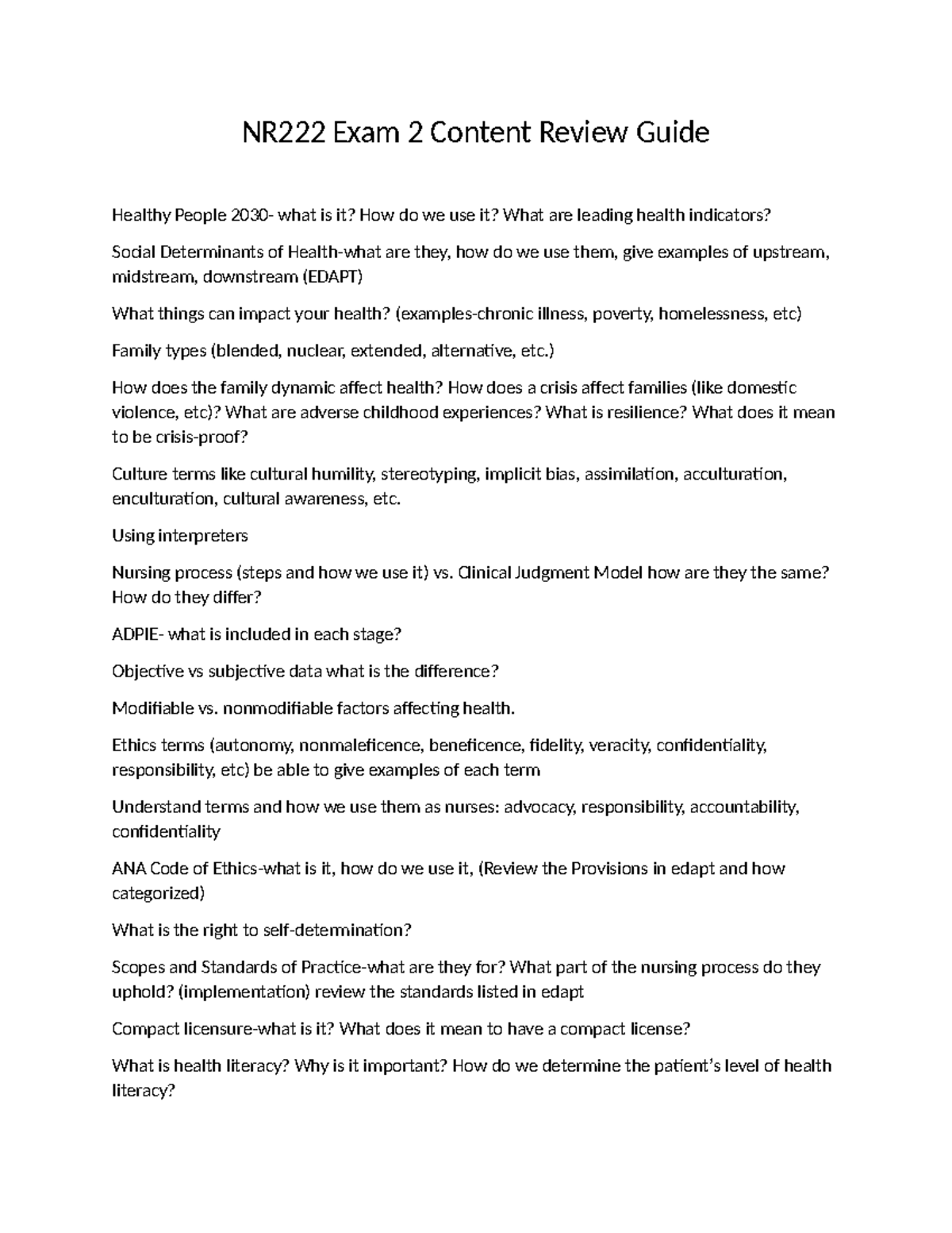 NR222 Exam 2 Content Review Guide: Key Health Concepts & Ethics - Studocu