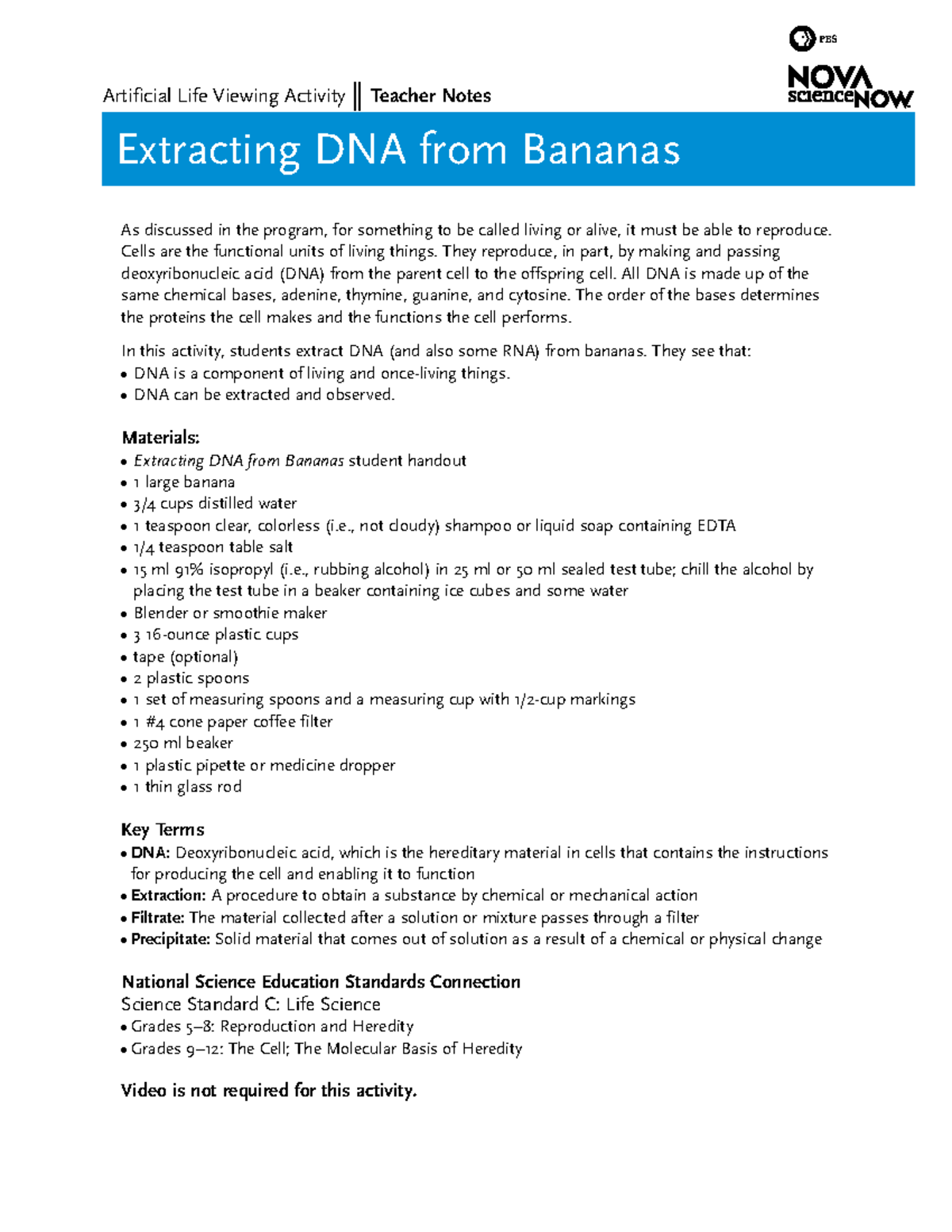 Banana DNA Extraction Activity: Procedure and Teacher Notes - Studocu